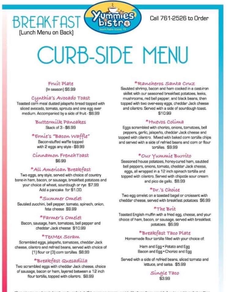 Menu at Yummies Bistro cafe, South Padre Island