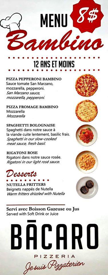 Menu au Bacaro Pizzeria - La Prairie, La Prairie