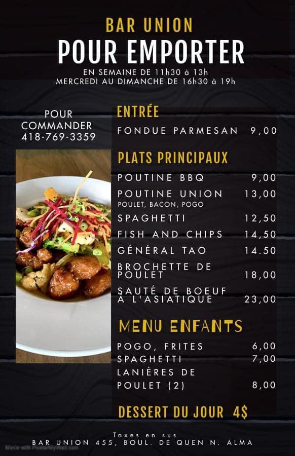 Menu au Bar Union Restaurant, Alma