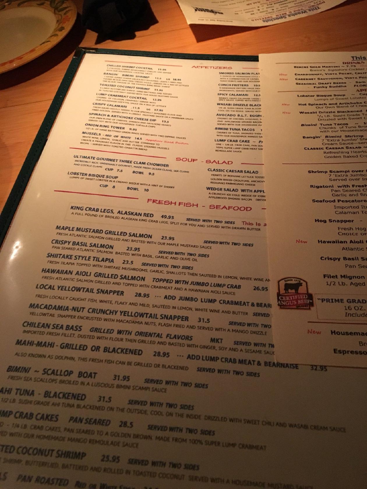 Menu at Bimini Twist steakhouse, West Palm Beach