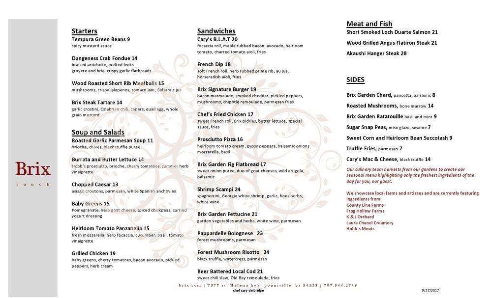 Menu at Brix pub & bar, Yountville
