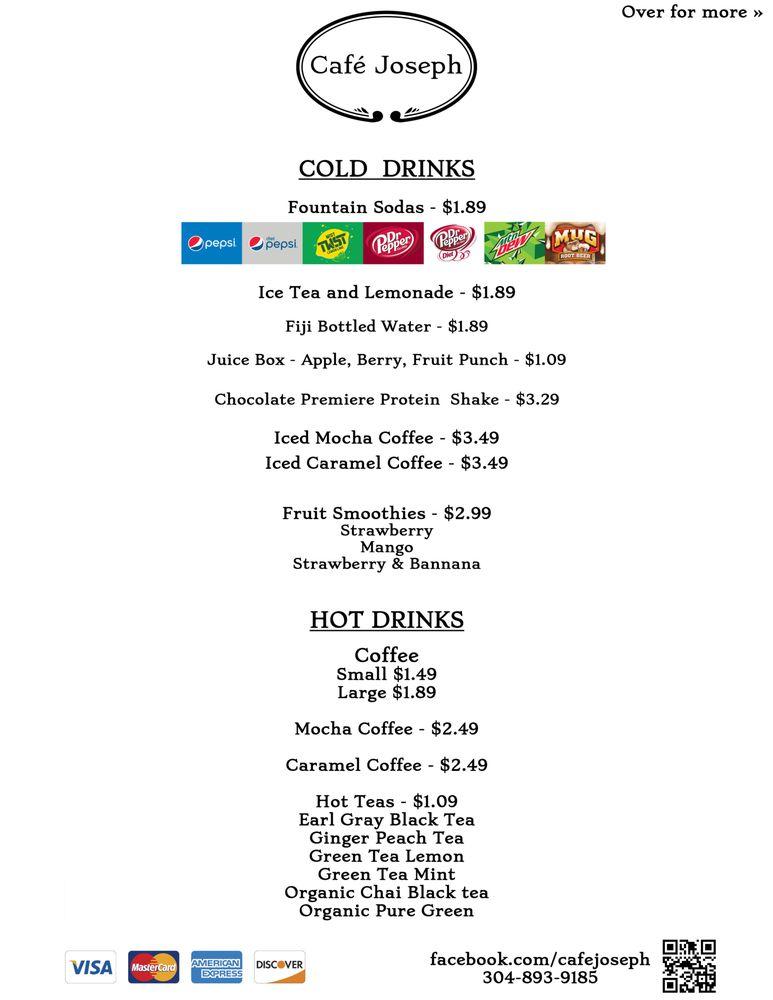 Menu at Cafe Joseph, Parkersburg