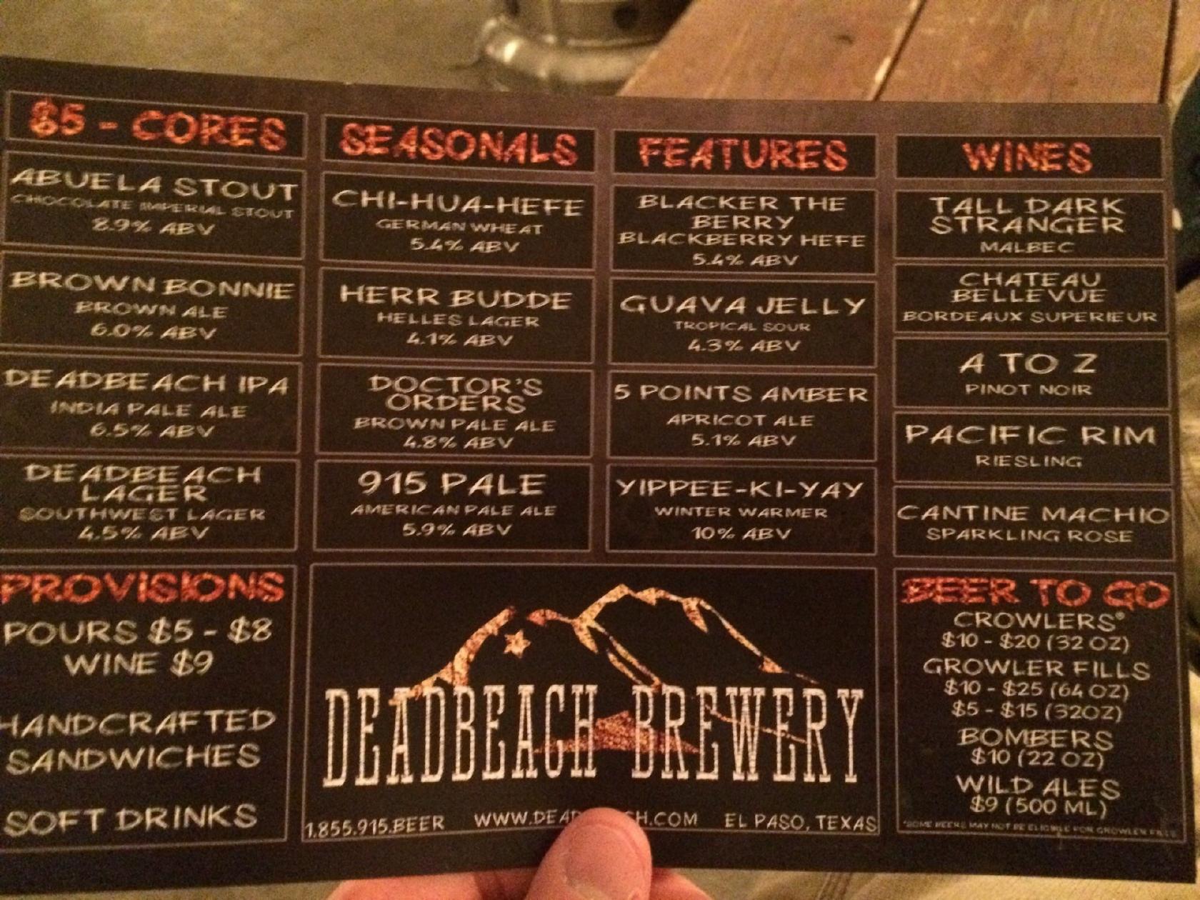 Menu at DeadBeach Brewery pub & bar, El Paso