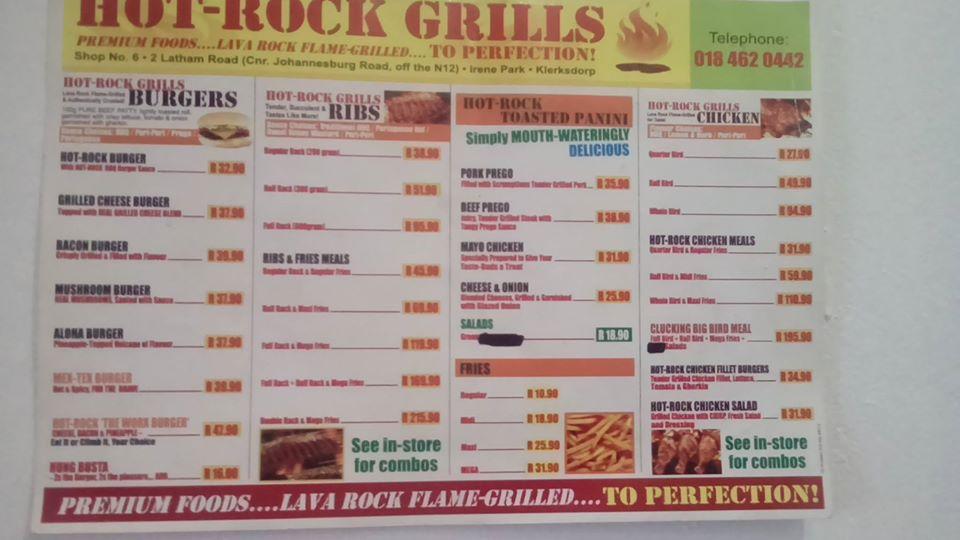 Menu at Hot Rock grills restaurant, Klerksdorp