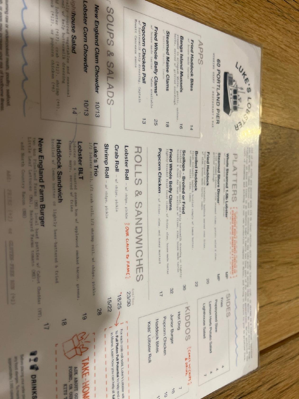 Menu at Luke's Lobster Portland Pier restaurant, Portland