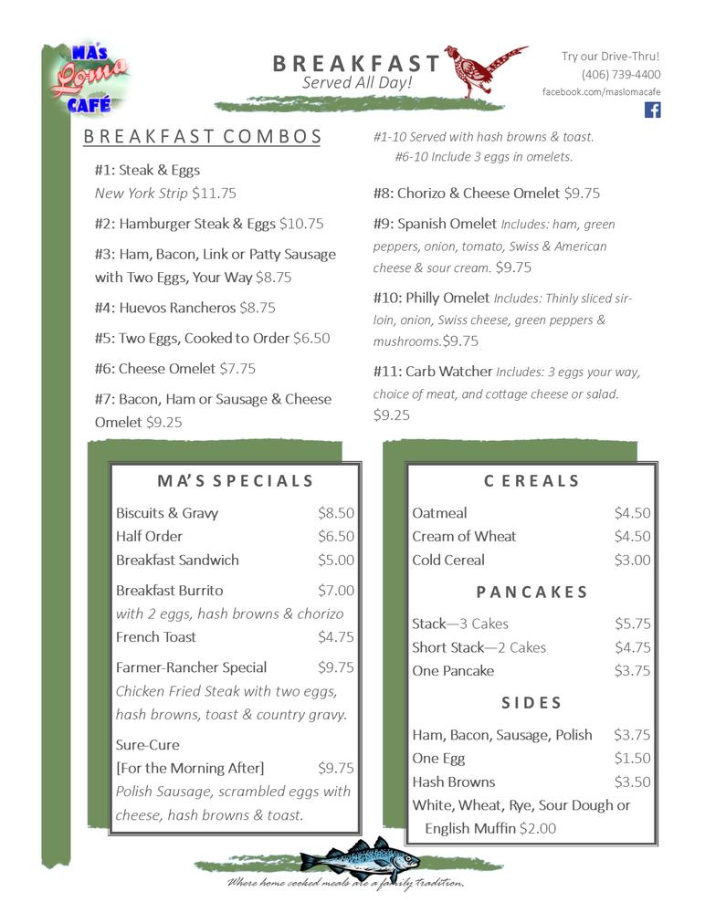 Menu at Ma's Loma Cafe, Loma