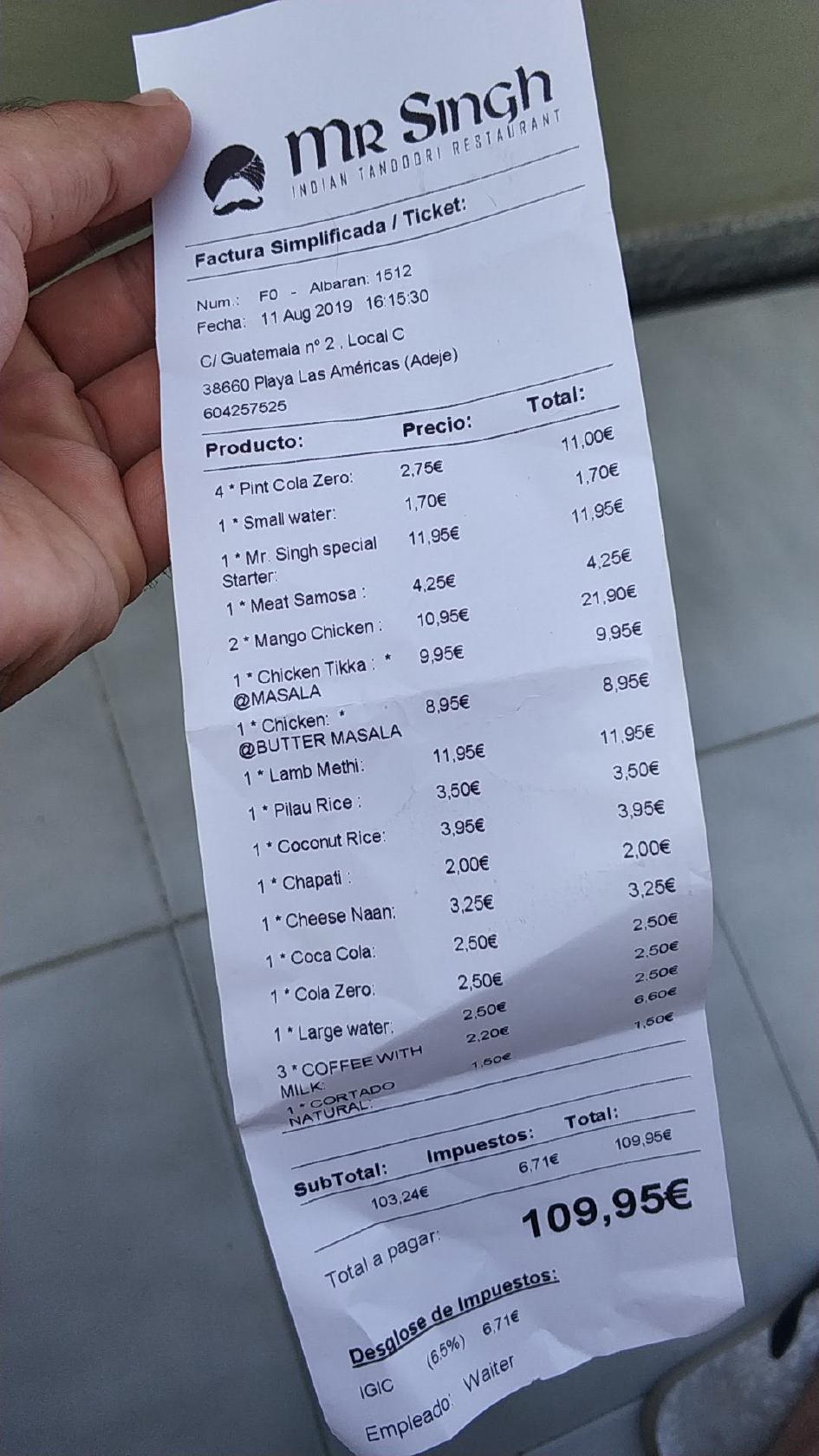 Menu at Mr. Singh restaurant, Costa Adeje