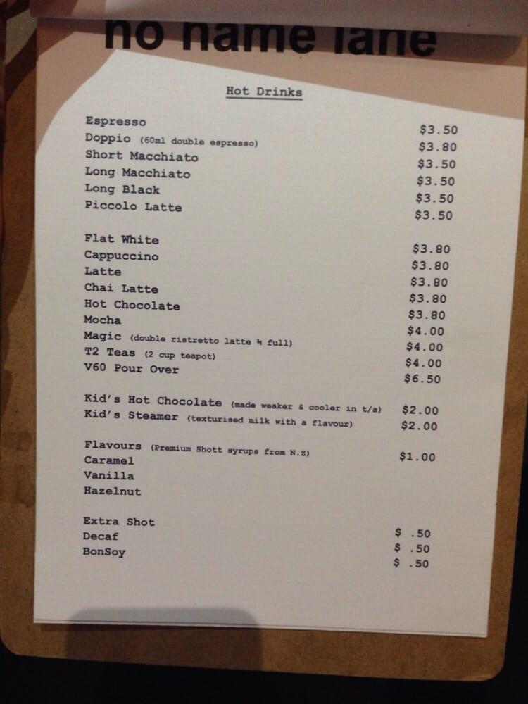 Menu at No Name Lane cafe & bar, Broadbeach