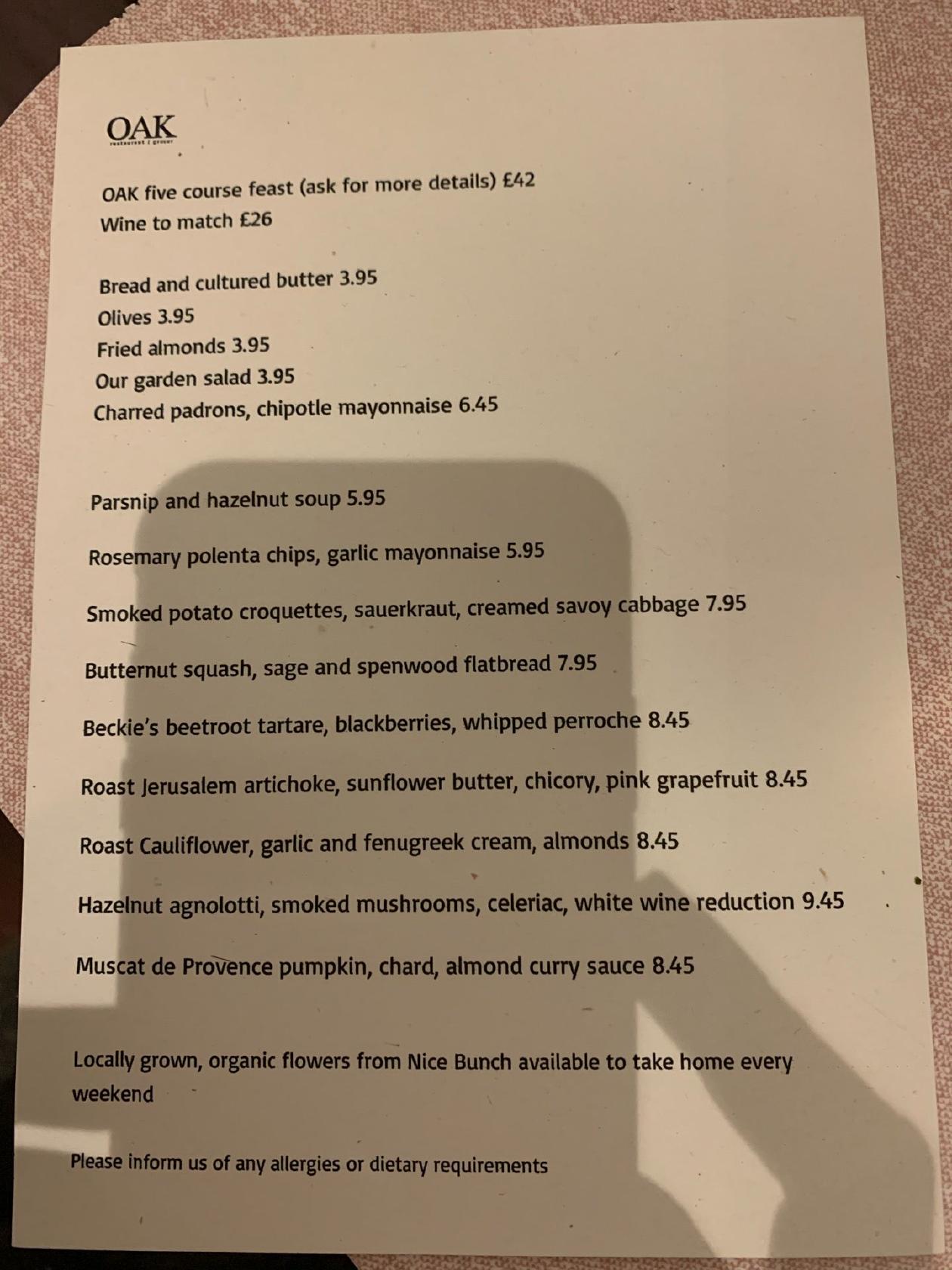 Menu at OAK Restaurant, Bath