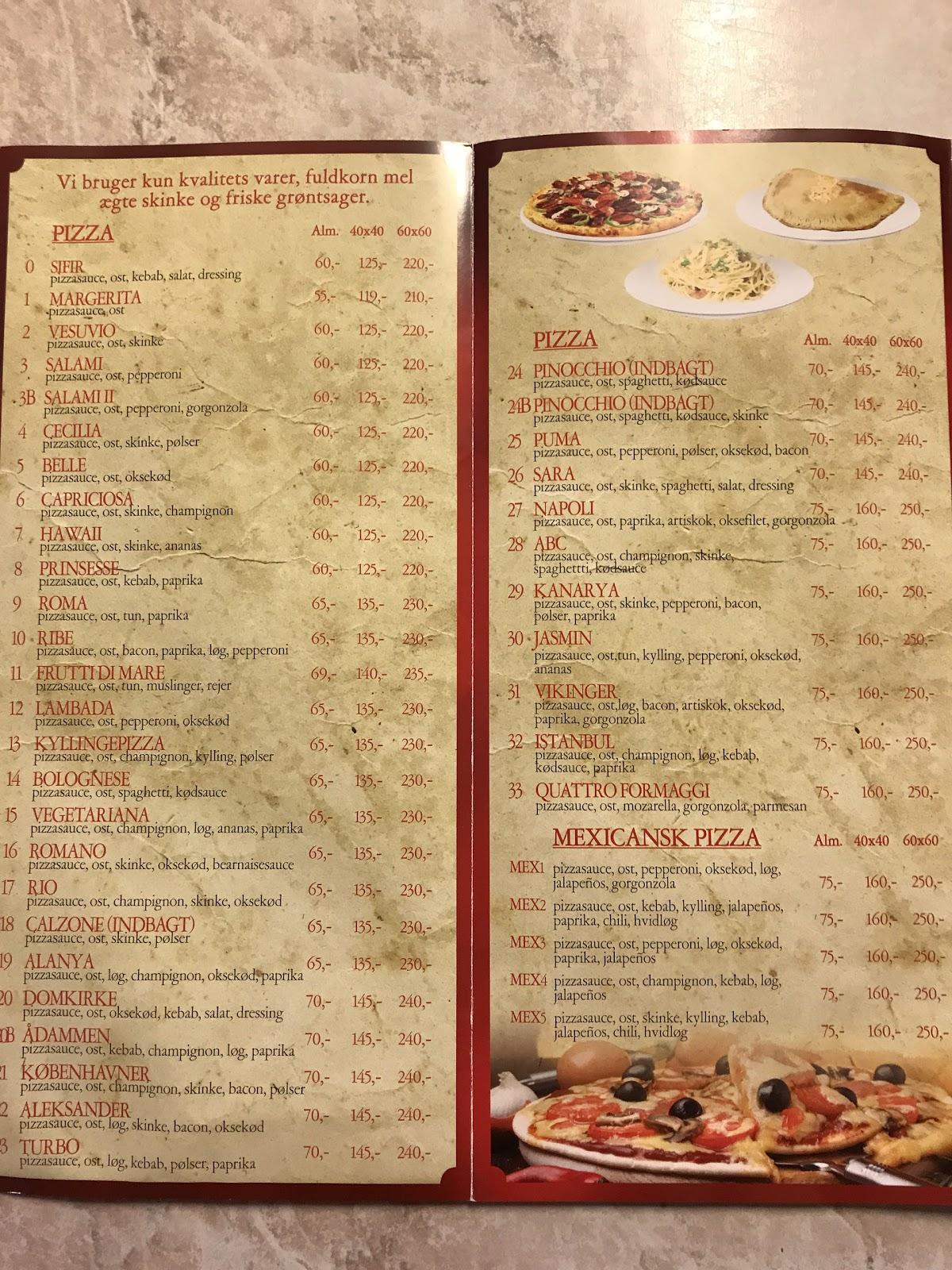 Carta de pizzería Pinocchio, Ribe