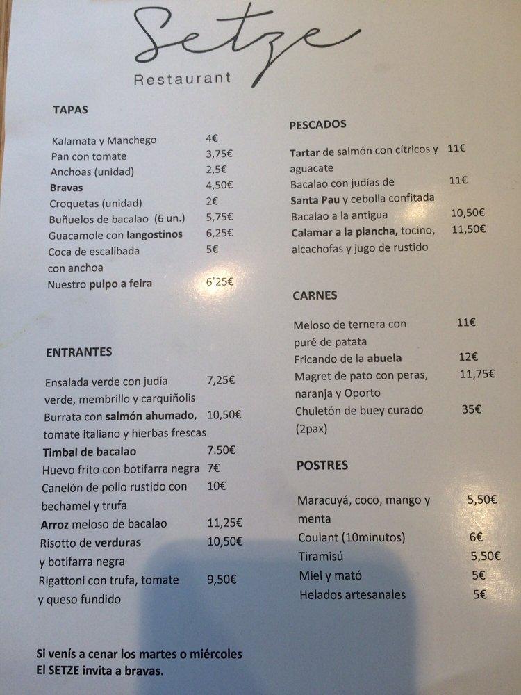 Carta de Restaurante Setze, Barcelona, Carrer de Galileu