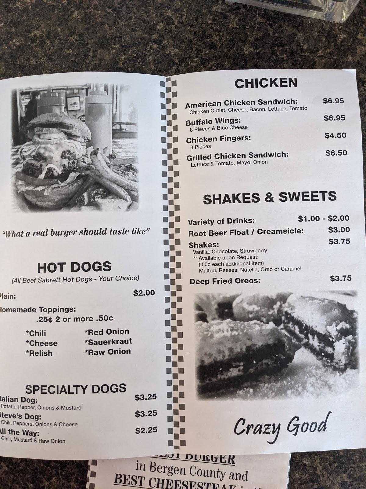 Menu at Steve's Burgers restaurant, Garfield, 506 US-46