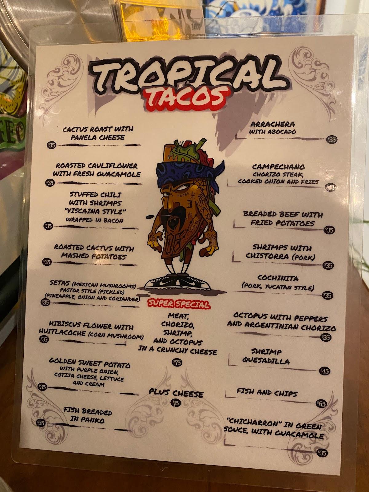Menu at Tropical Tacos restaurant, Playa del Carmen