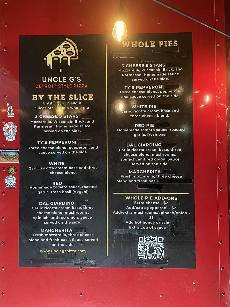 Menu at Uncle G’s Pizza pizzeria, Birmingham