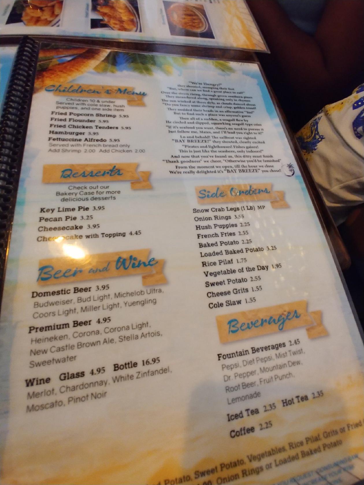 Menu at Bay Breeze Seafood restaurant, Lilburn