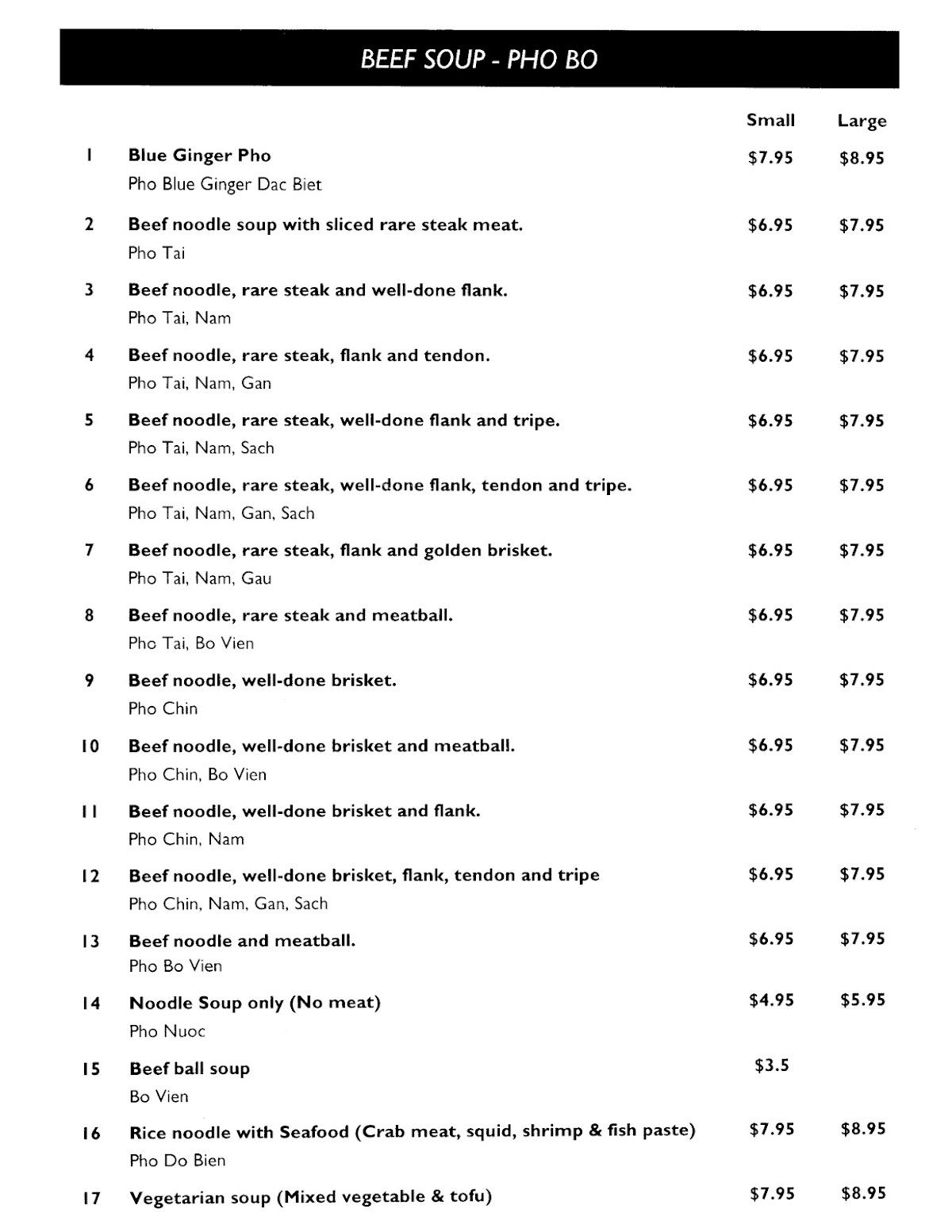Menu at Blue Ginger Pho restaurant, Tehachapi