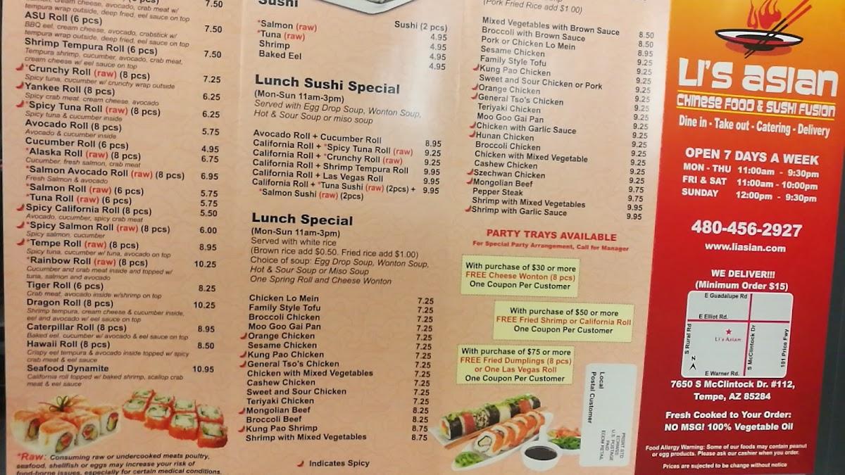 Menu at Li's Asian restaurant, Tempe