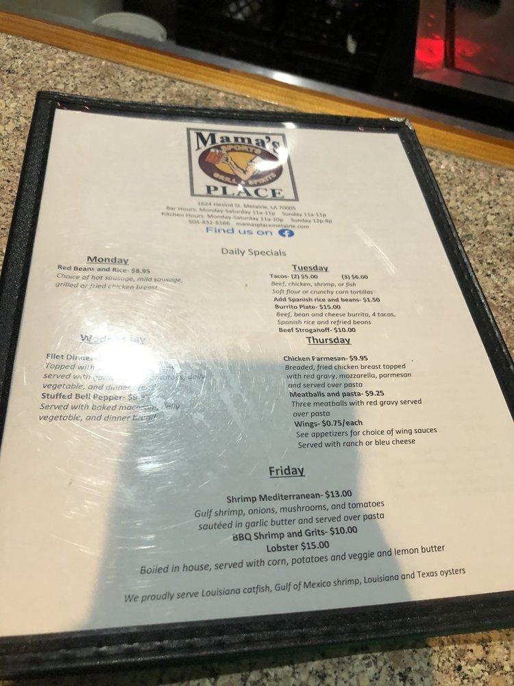 Menu at Mama's Place pub & bar, Metairie