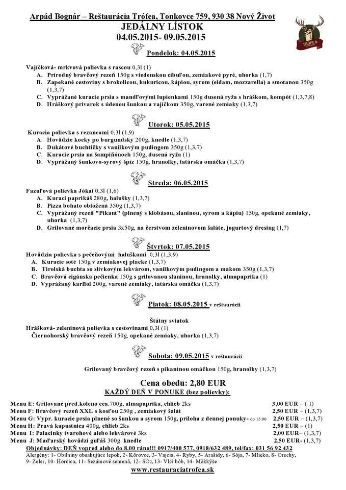 Menu at Reštaurácia TROFEA restaurant, Nový Život