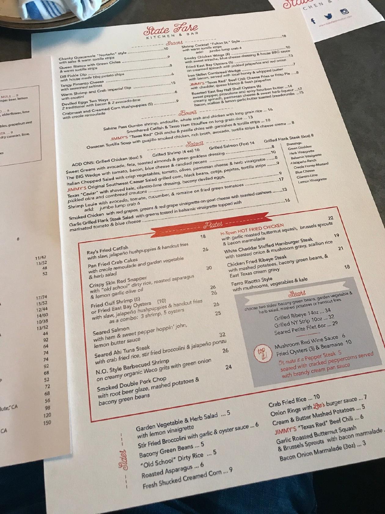 Carta de State Fare Kitchen & Bar, Houston