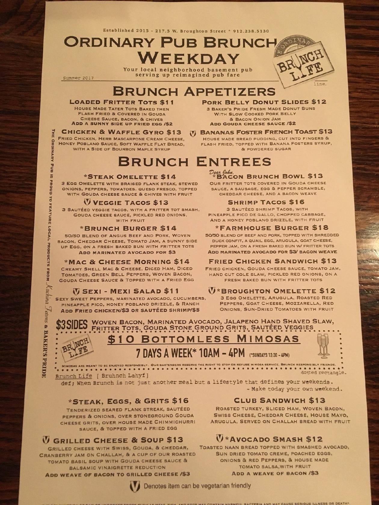 Menu at The Ordinary Pub, Savannah