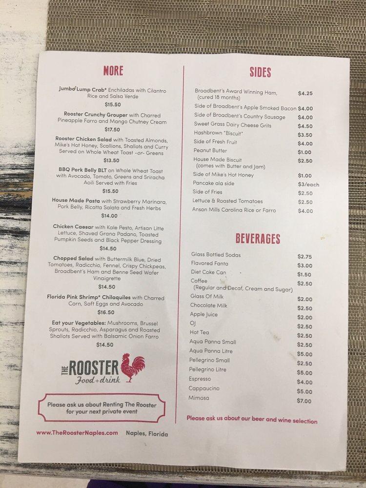Menu at The Rooster Food+Drink restaurant, Naples