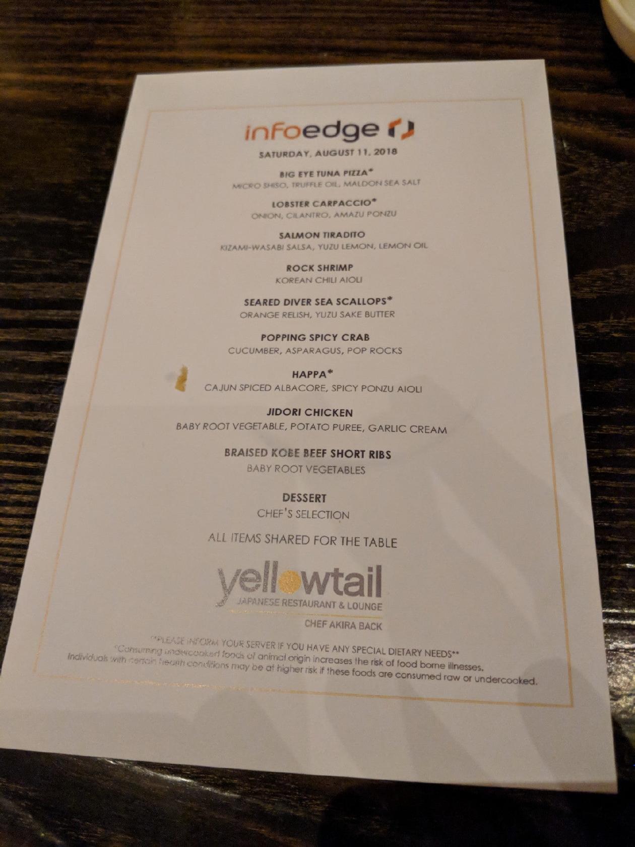 Menu at Yellowtail Japanese Restaurant & Lounge, Las Vegas