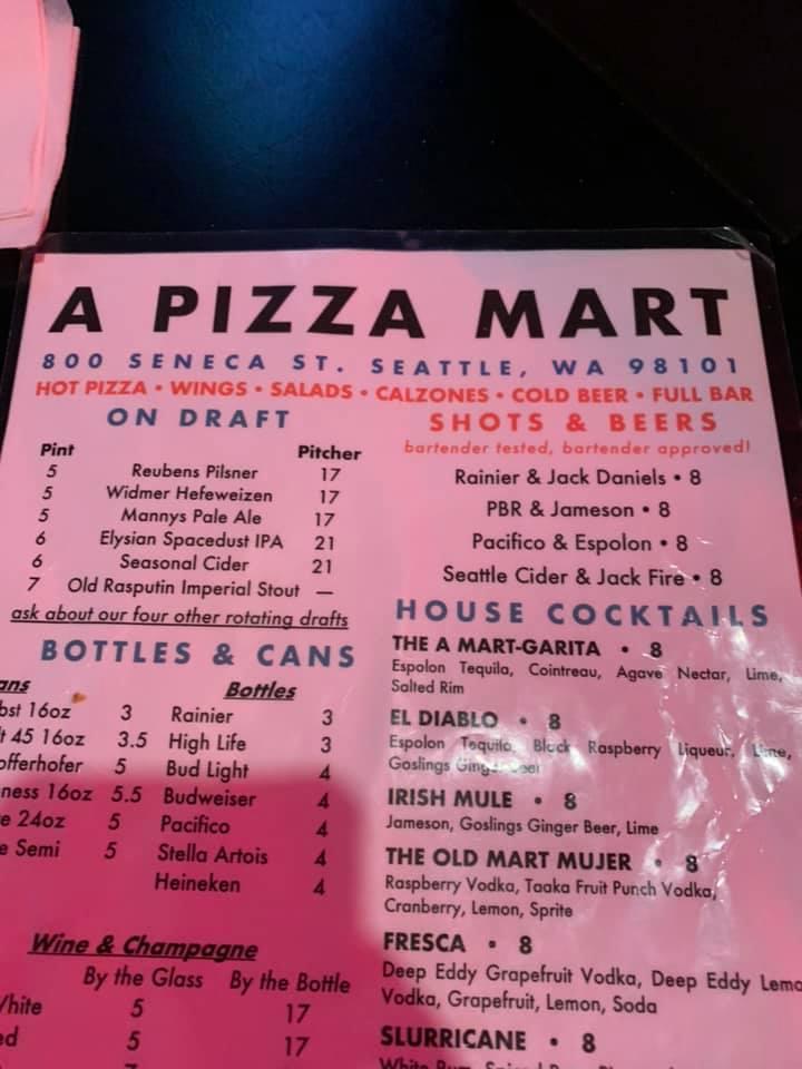 Menu at Pizza Mart pizzeria, Seattle, 925 Stewart St