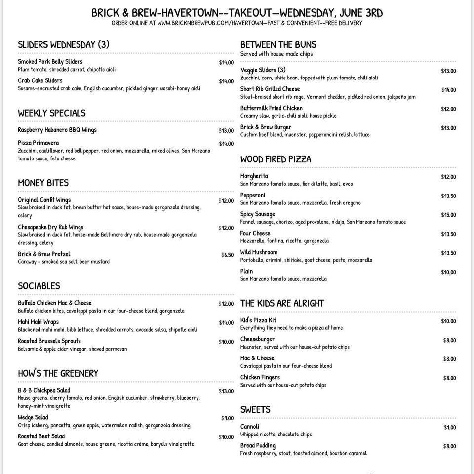 Menu at Brick & Brew pizzeria, Havertown