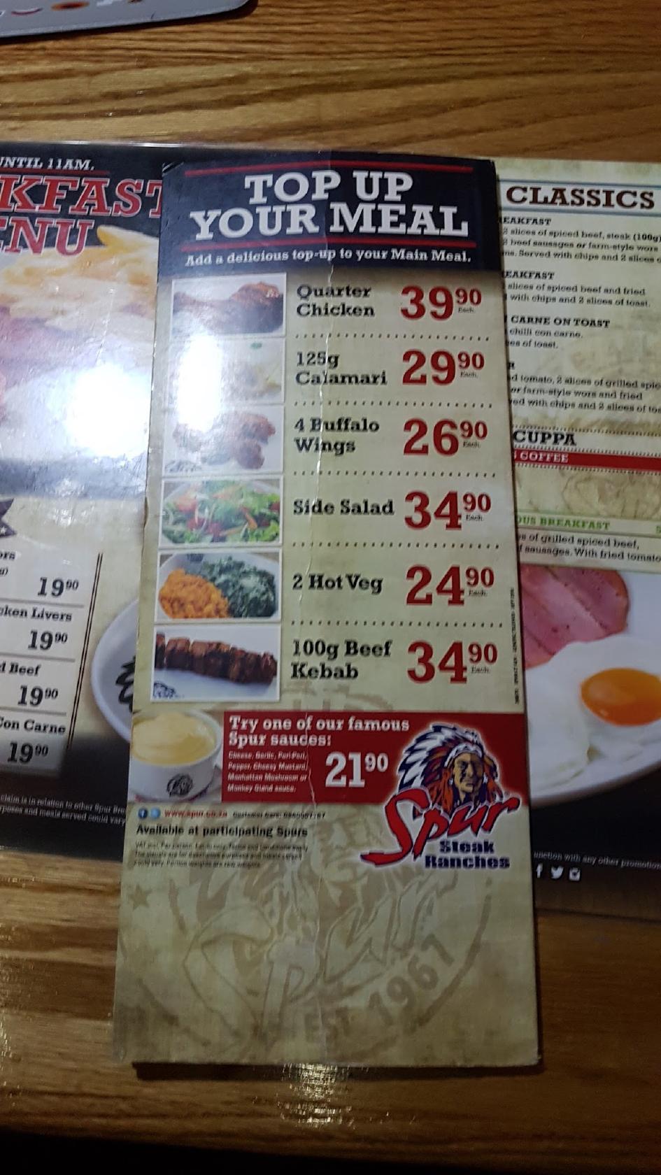 Menu at Chippewa Spur Halaal restaurant, Durban, Overport City