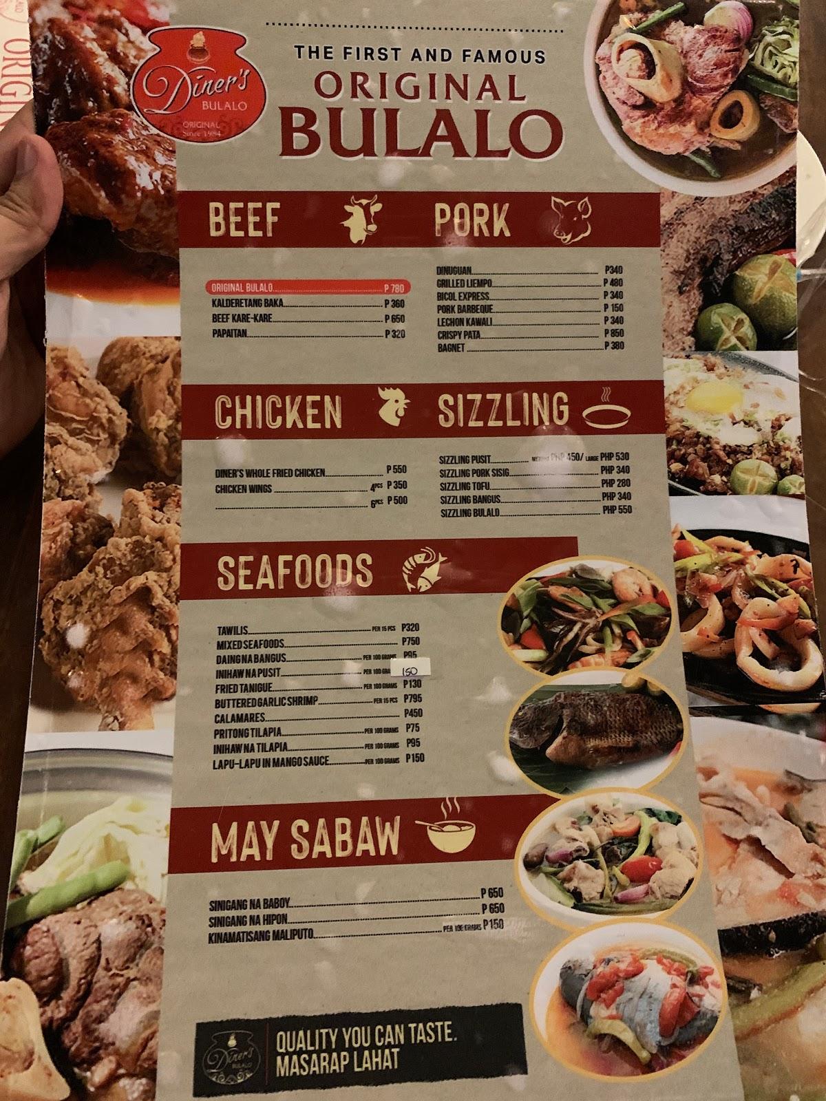 Menu at Diner's Original Bulalo restaurant, Tagaytay, 3WXC+CQ2