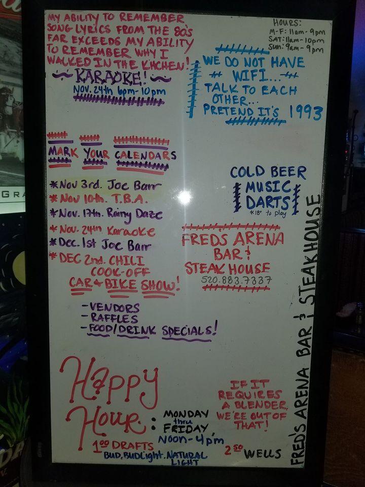 Menu at Fred's Arena Bar & Steakhouse, Three Points