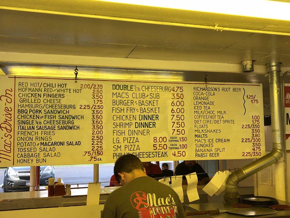 Menu at Mac's Drive-In restaurant, Waterloo