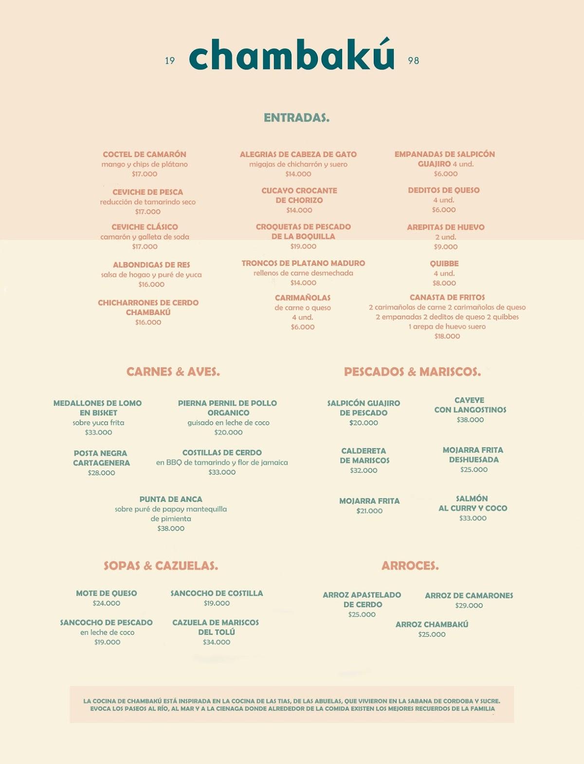 Carta del restaurante Chambaku Caribe, Bogotá