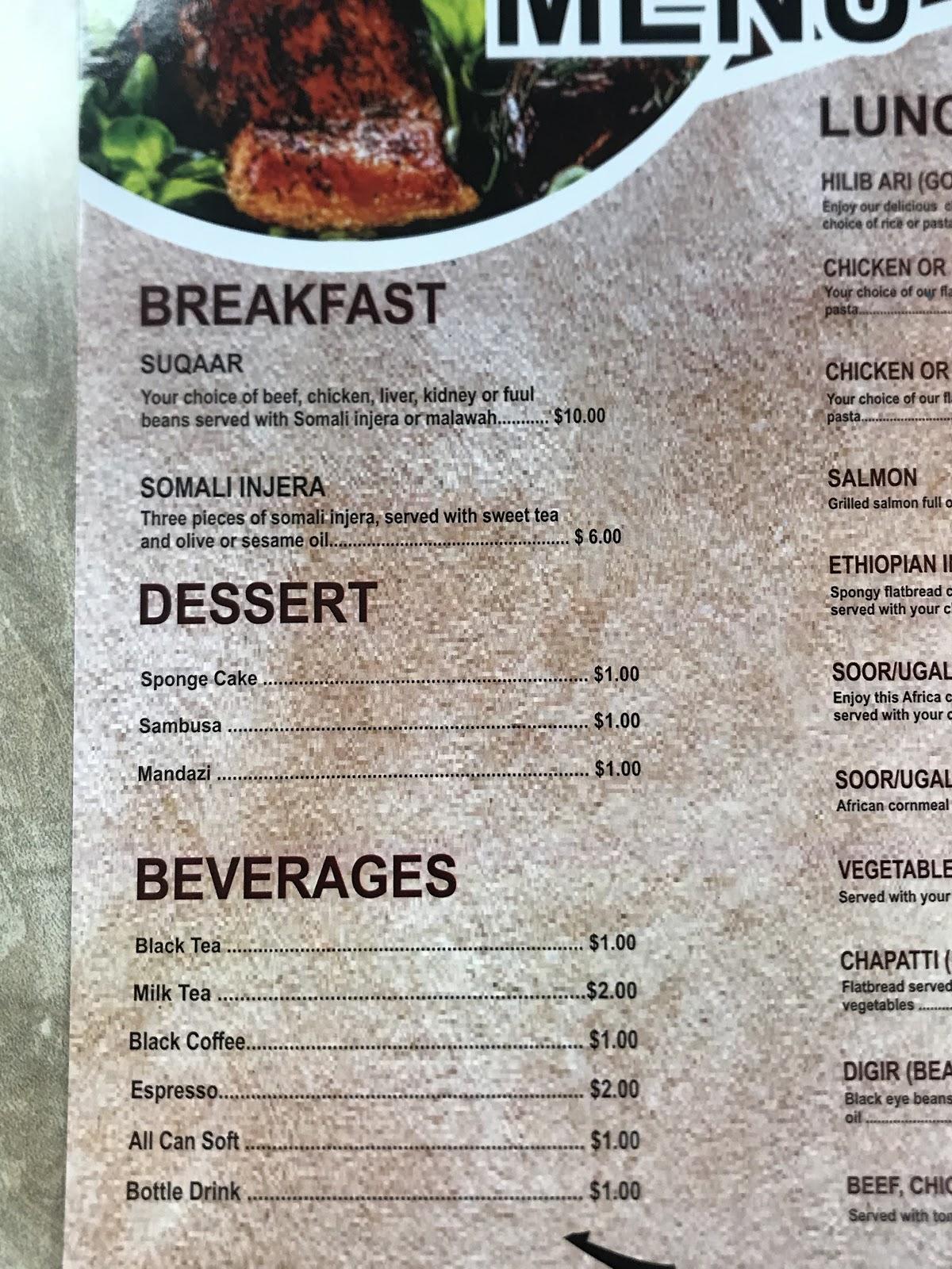 Menu at Safari Somali Cuisine restaurant, Chicago