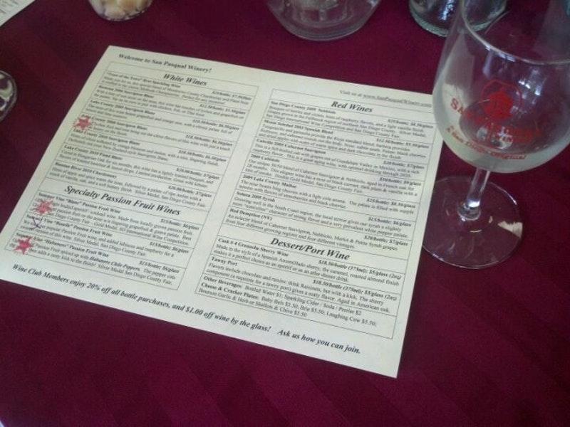 Menu at San Pasqual Winery Tasting Room & Gallery pub & bar, La Mesa