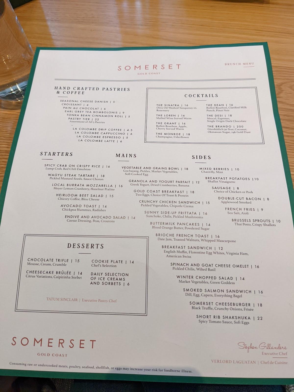 Menu at Somerset restaurant, Chicago, N State St