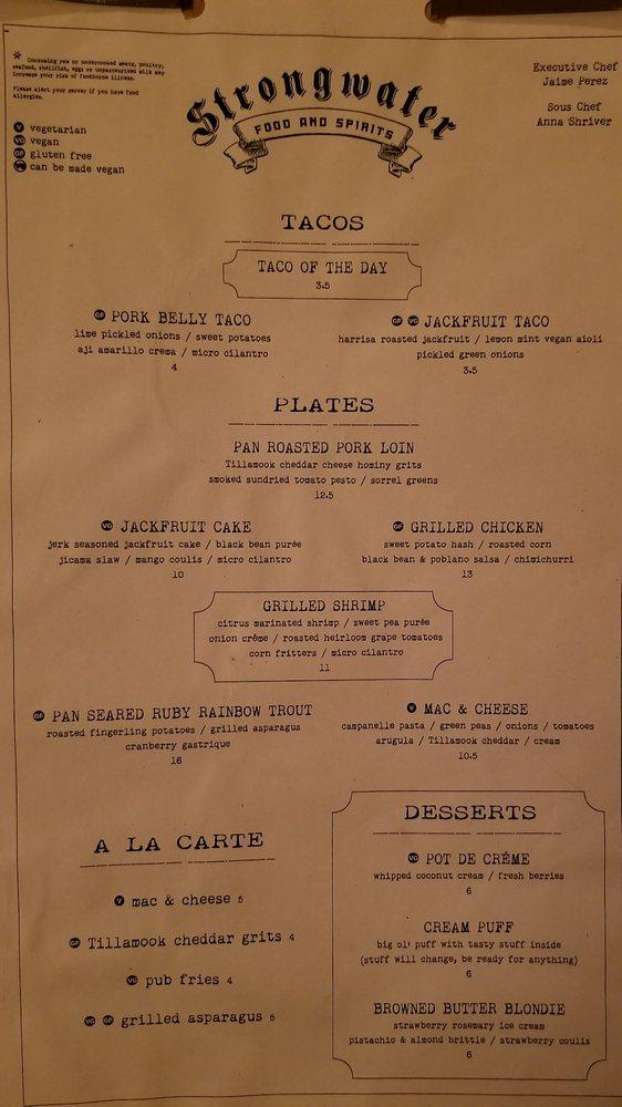 Menu at Strongwater Food and Spirits pub & bar, Columbus