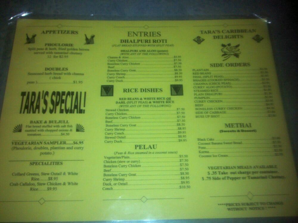 Menu at Tara's Roti Shop restaurant, Tampa
