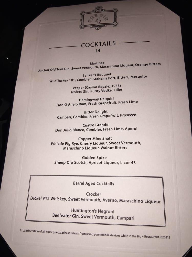 Menu at The Big 4 restaurant, San Francisco
