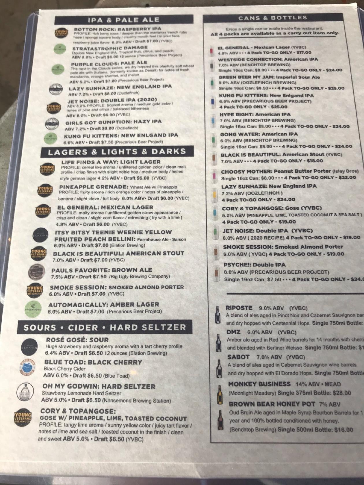 Menu at The Bunker Brewpub, Virginia Beach