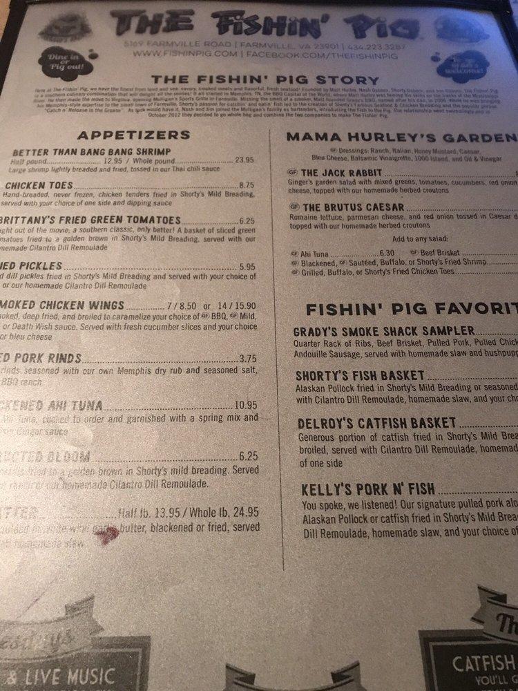 Menu at The Fishin' Pig BBQ, Farmville, Farmville Rd