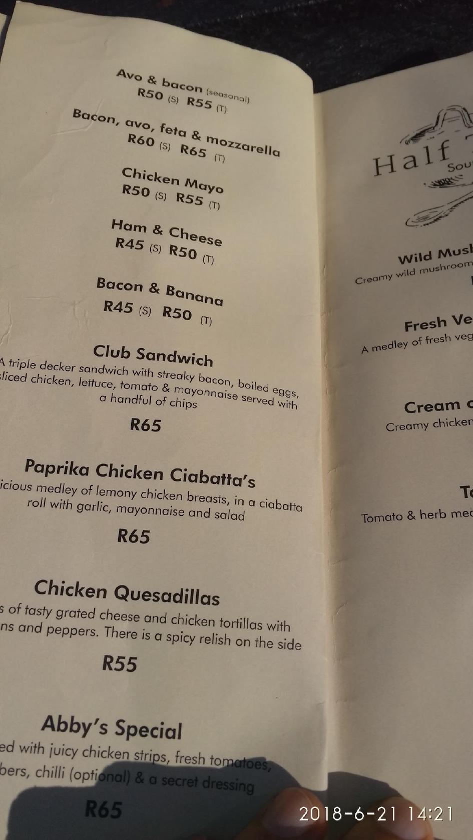 Carta de Time Out Cafe, Pretoria