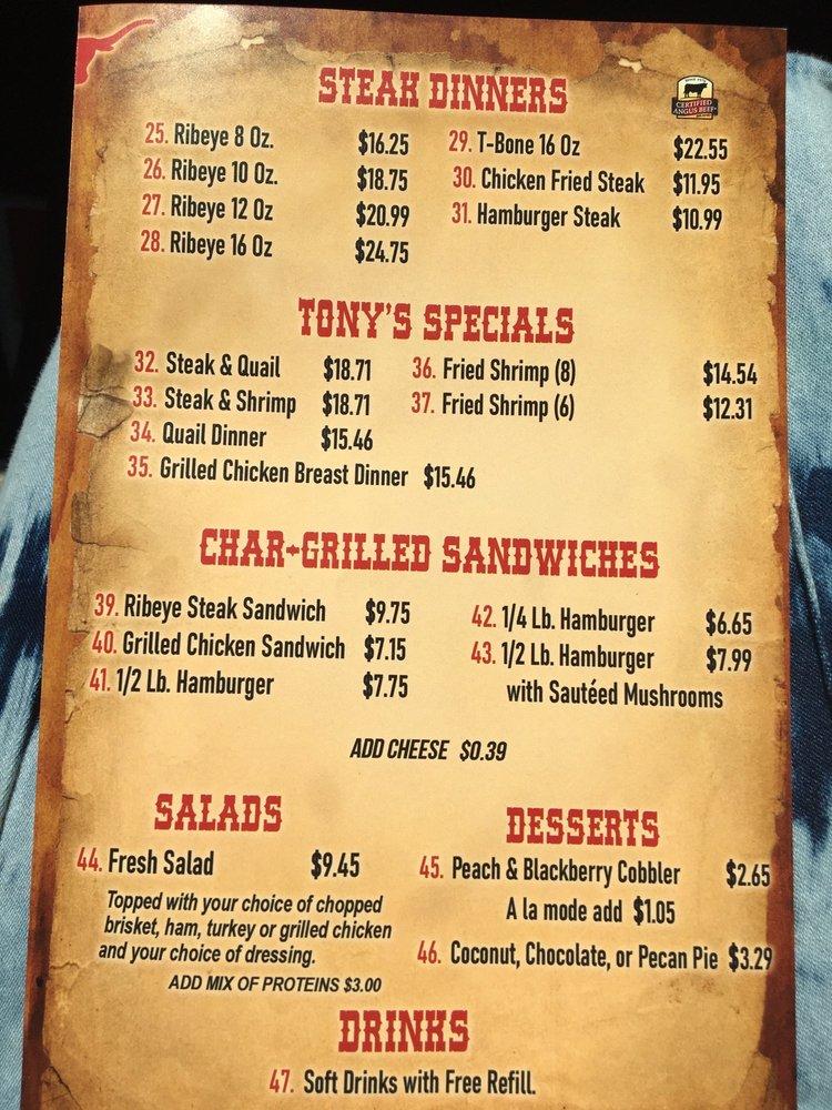 Menu at Tony's BBQ & Steakhouse, Houston, 102 McCarty St