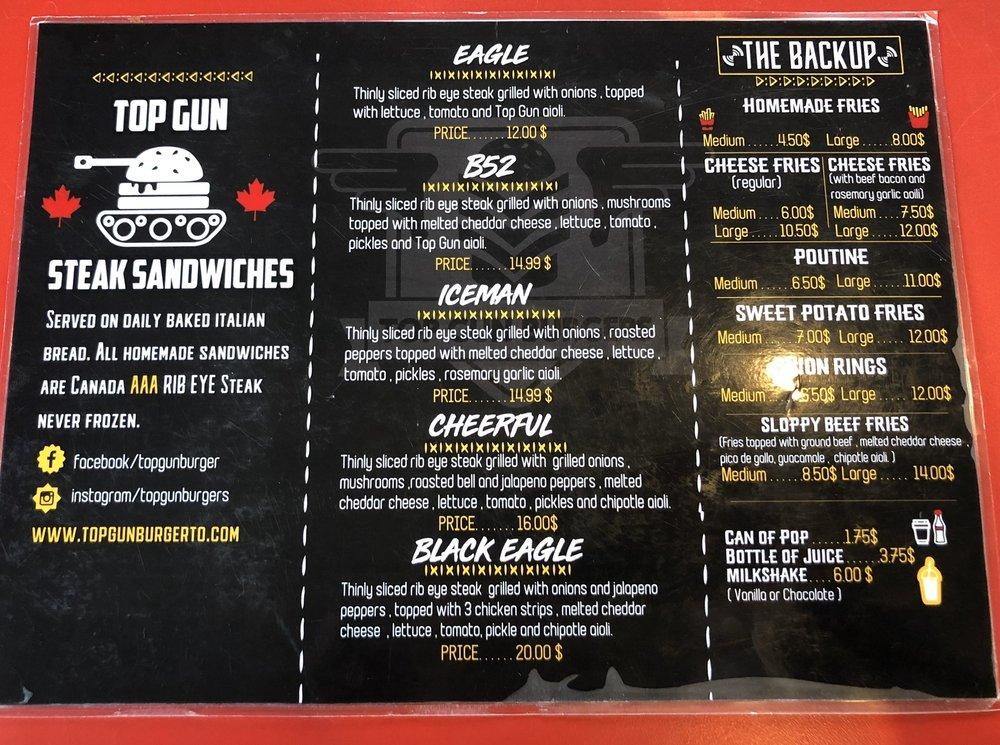Menu at Top Gun Burger steakhouse, Toronto, Lawrence Ave E