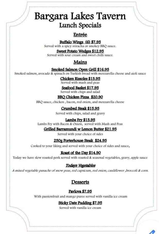 Menu at Bargara Lakes Tavern, Bargara
