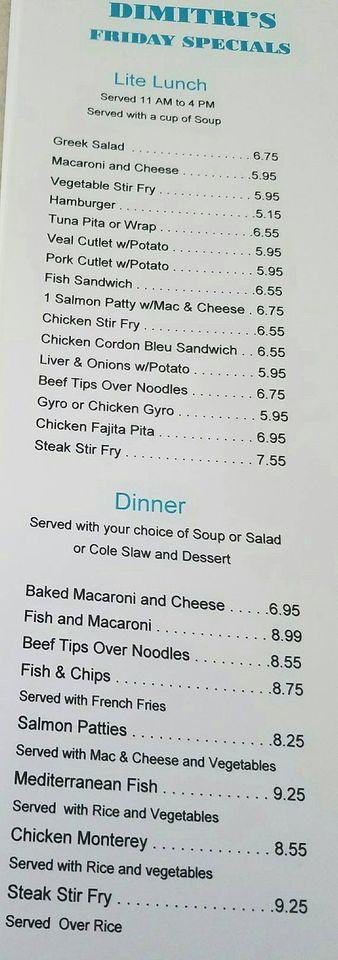 Menu at Bayside Dimitri's Family Dining restaurant, New Baltimore, 23 ...
