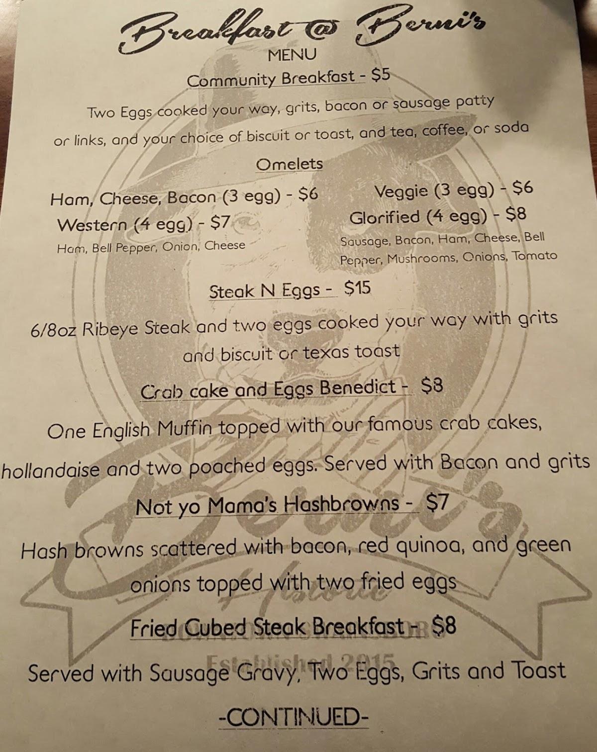 Menu at Berni's on West Main steakhouse, Swainsboro, 114 W Main St