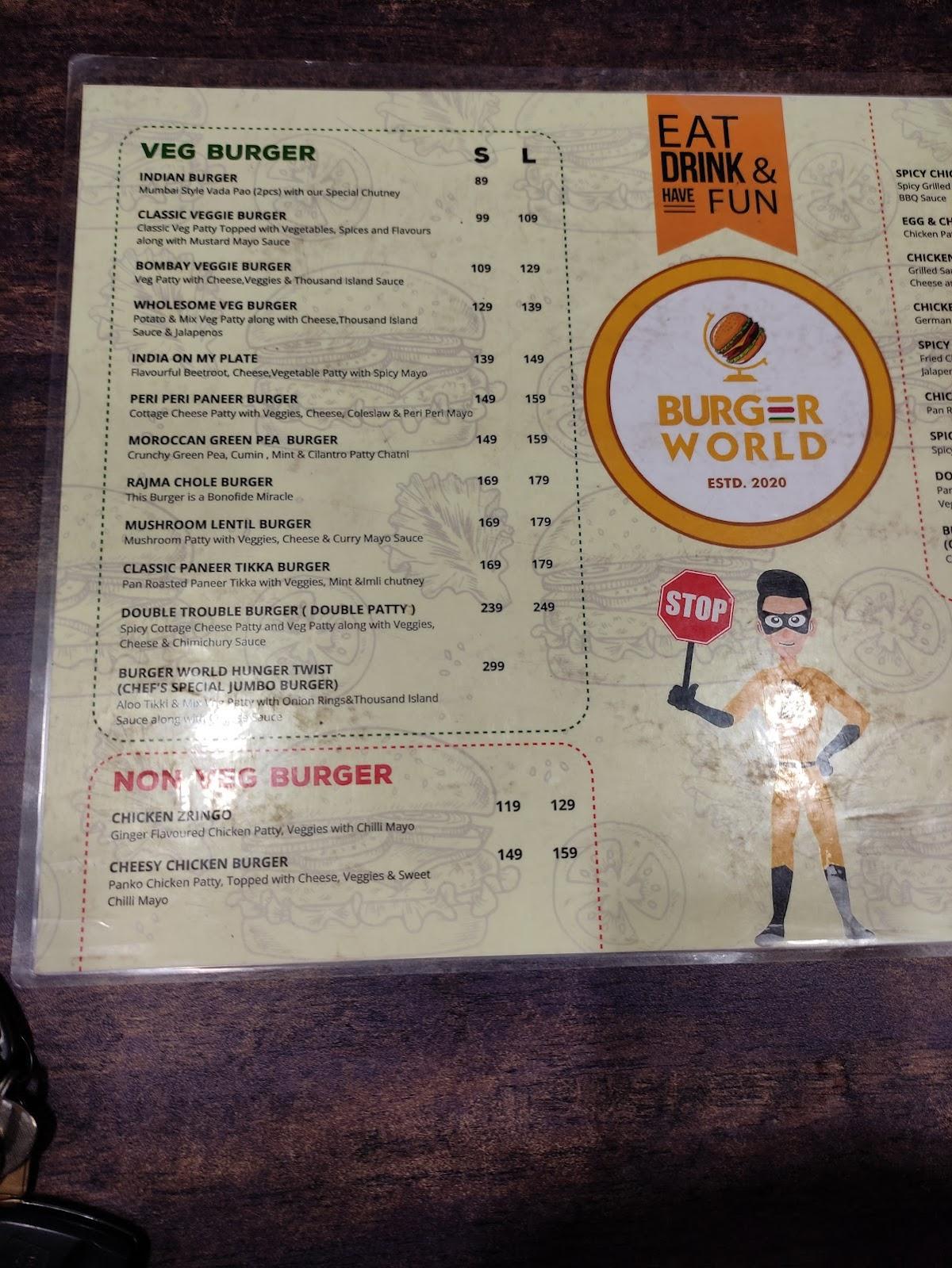 Menu at Burger World, Siliguri