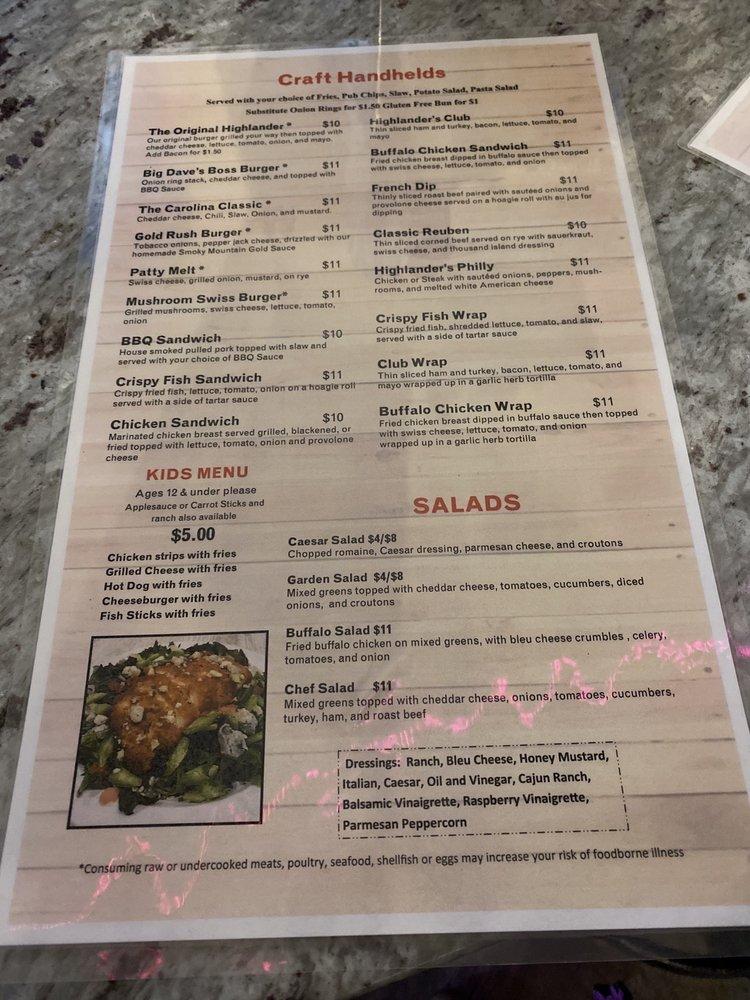 Menu at Highlanders Grill And Tavern pub & bar, Banner Elk